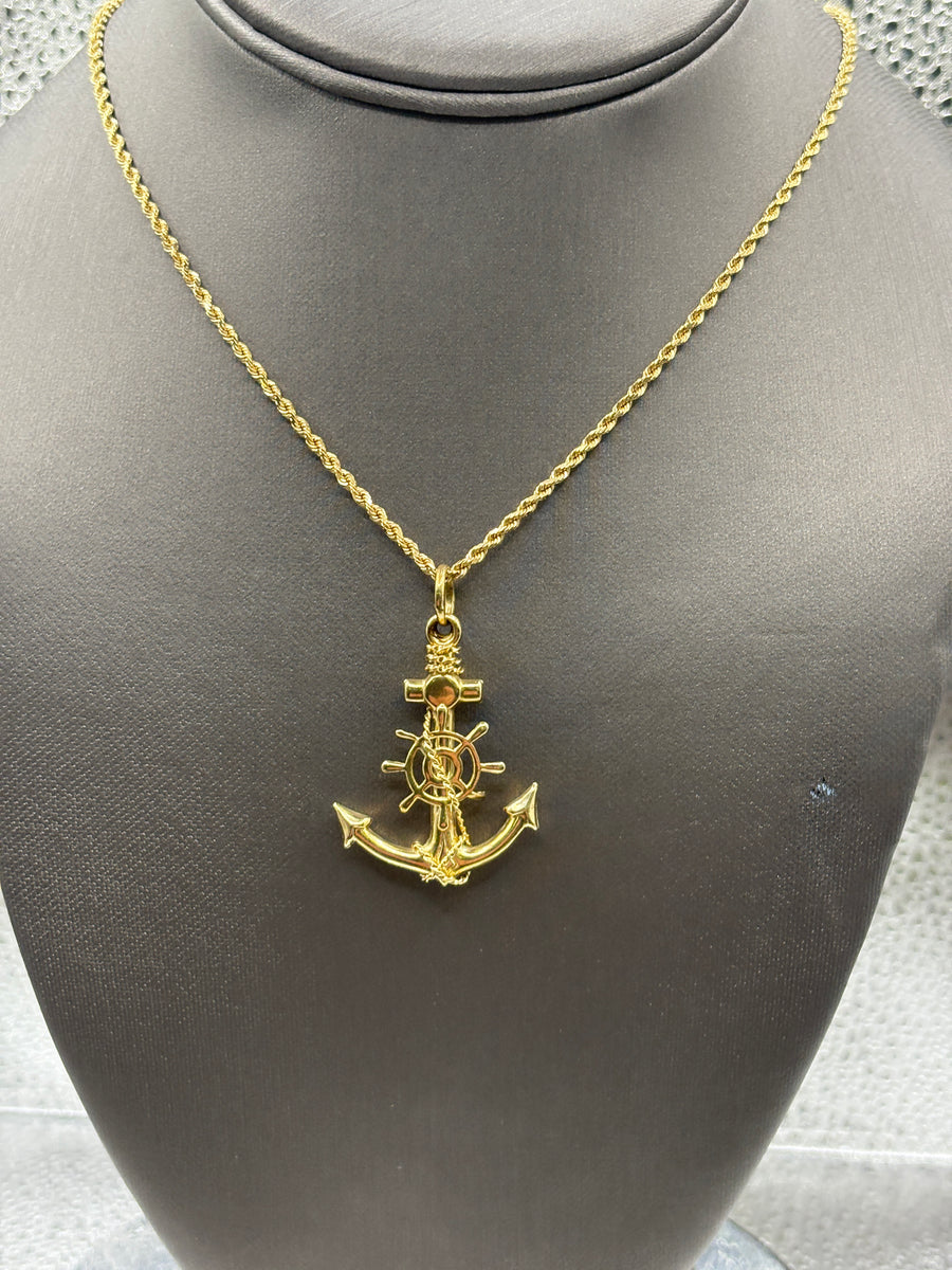 14 Karat Yellow Gold Anchor & Ship Wheel Pendant & Rope Chain ...